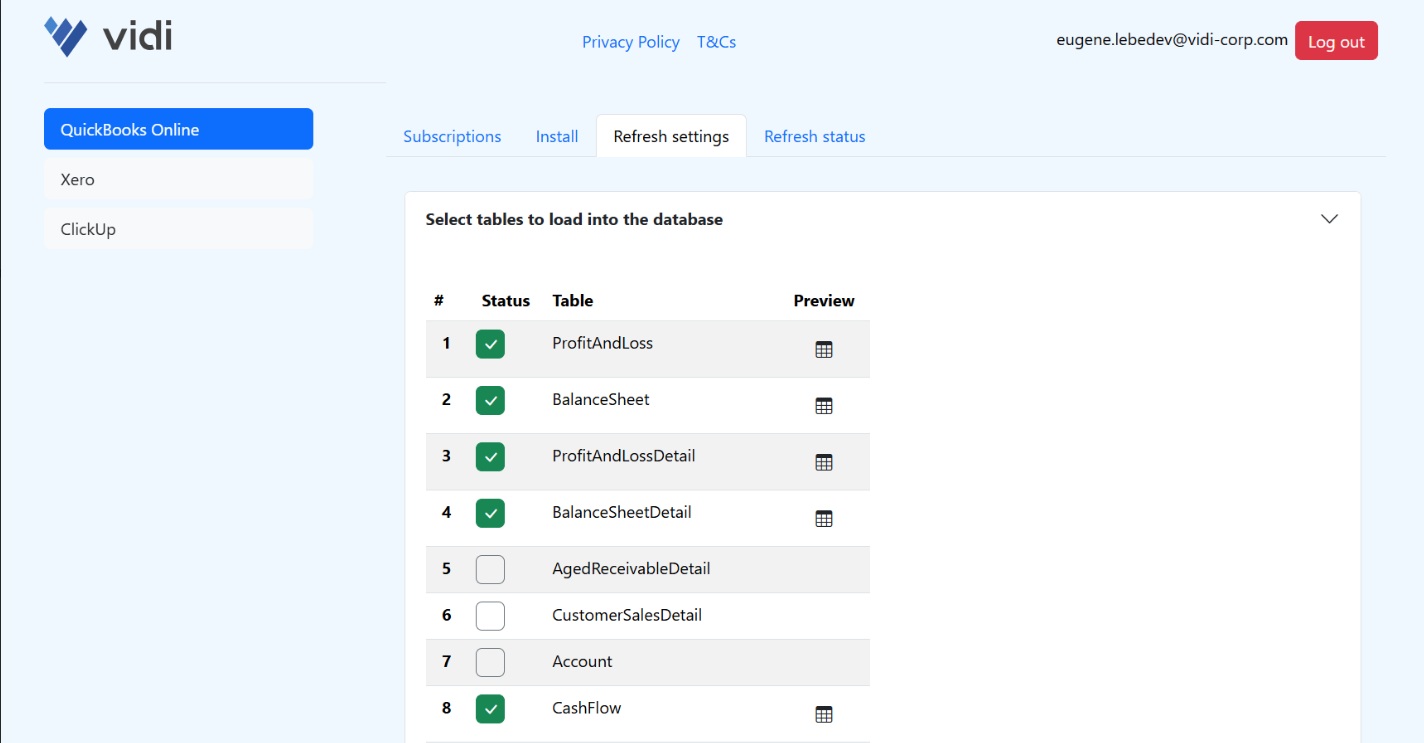 Vidi Power BI QuickBooks Online Connector Tables